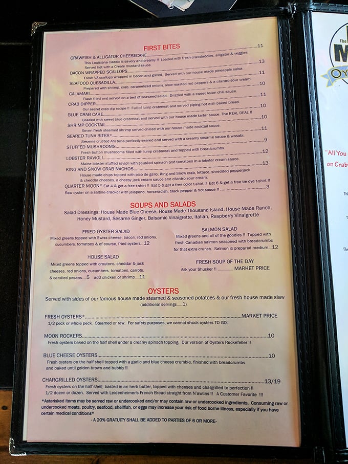 Reading this menu is like browsing a seafood lover's dream journal. The Crawfish & Alligator Cheesecake isn't dessert, but it's definitely sweet temptation.