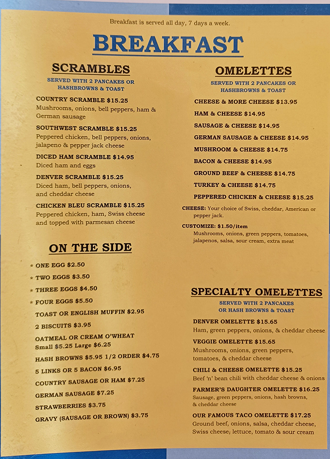 This menu isn't asking for your life story – it's telling you exactly what you need: eggs, meat, and carbs in glorious combinations.