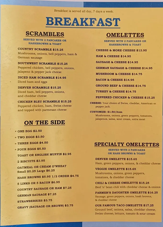 This menu isn't asking for your life story – it's telling you exactly what you need: eggs, meat, and carbs in glorious combinations.