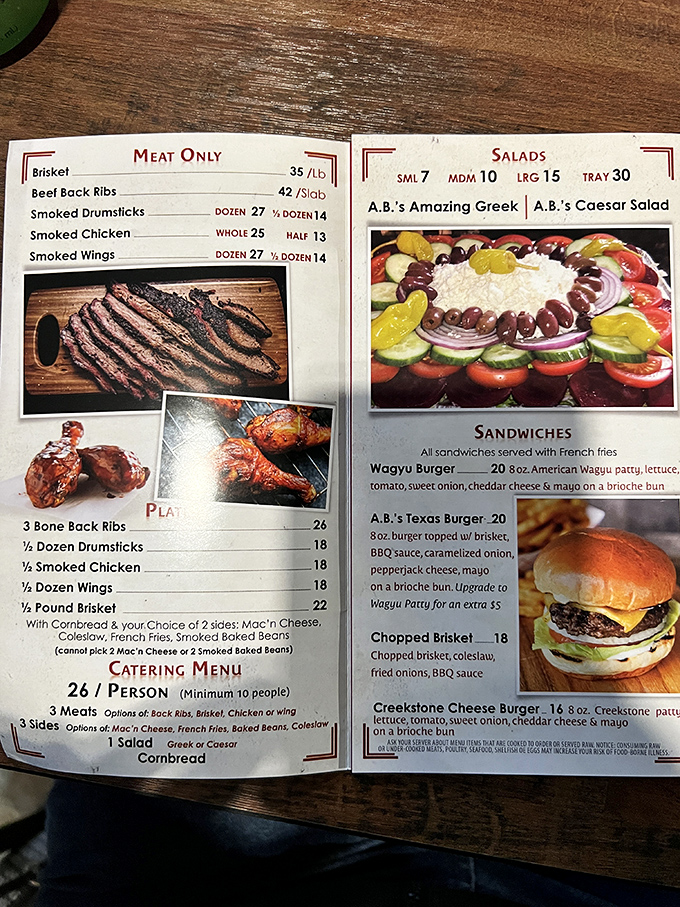 The menu at A.B.'s reads like a love letter to carnivores. Each item promises a different path to barbecue bliss, with no wrong turns possible.