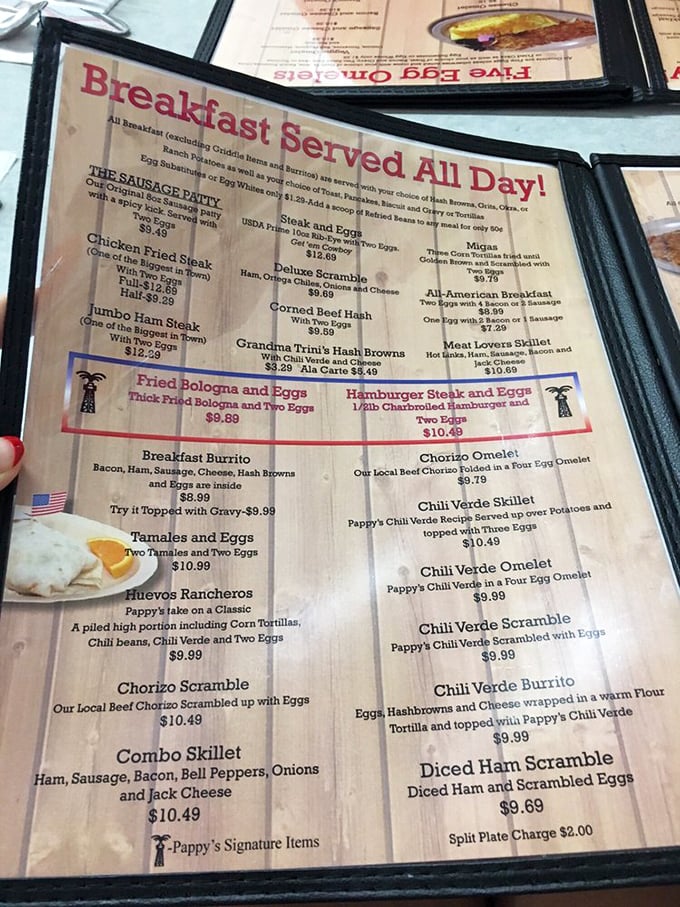 The breakfast menu reads like a love letter to morning indulgence, with the legendary chicken fried steak proudly advertised as "One of the Biggest in Town."