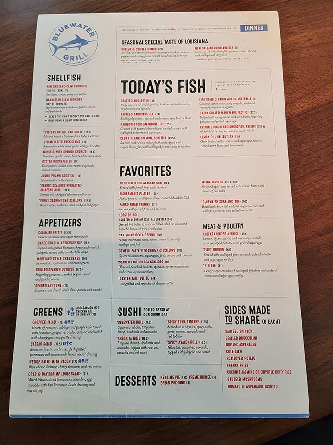 This menu isn't just reading material—it's a maritime treasure map. X marks the spot where your seafood cravings get satisfied.