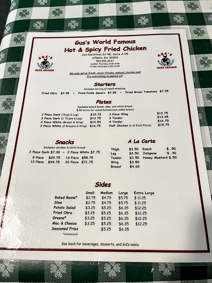 This menu isn't complicated poetry; it's a straightforward love letter to fried chicken with all the proper Southern accompaniments.