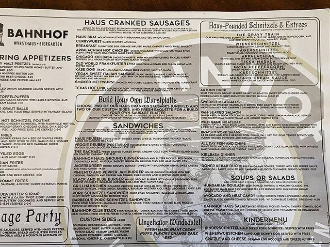 This menu isn't just a list—it's a passport to Deutschland's greatest hits, where "Build Your Own Wurstplatte" might be the most beautiful phrase in any language.