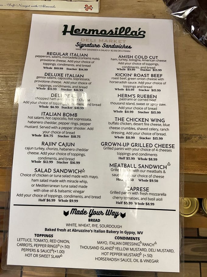 This menu isn't just a list of options—it's a roadmap to sandwich nirvana. Each offering sounds better than the last, creating the best kind of decision paralysis.