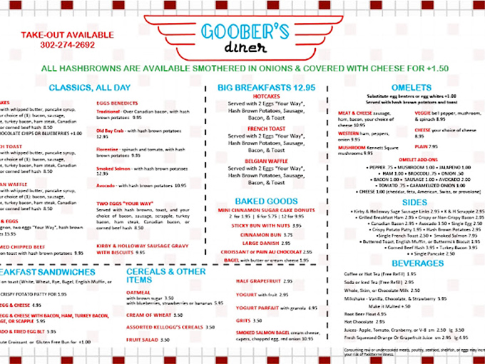 The menu at Goobers doesn't need fancy fonts or pretentious descriptions—just honest food with the promise that hash browns can (and should) be smothered in cheese.