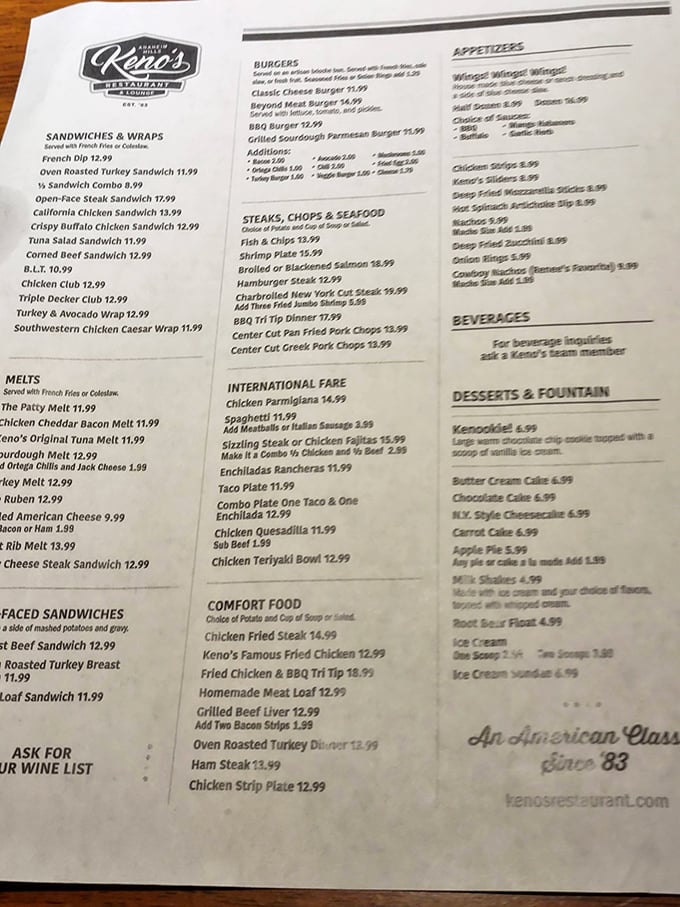 This menu isn't just a list of dishes—it's a roadmap to happiness with "Comfort Food" getting its own well-deserved section.