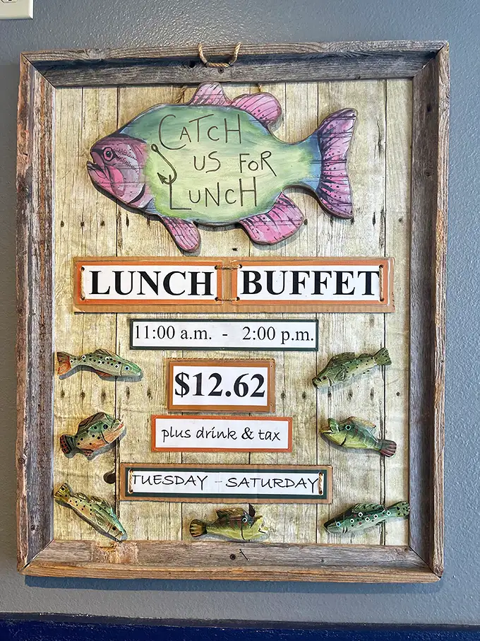 "Catch Us For Lunch" isn't just cute wordplay—it's the best advice you'll get all day. Tuesday through Saturday, this buffet is calling your name.