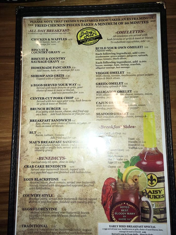 The menu reads like a love letter to Southern breakfast traditions—just try not to drool on the laminated pages.