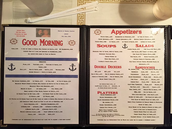 This menu isn't just a list of food—it's a treasure map to breakfast bliss, complete with nautical anchors guiding you to goetta glory.