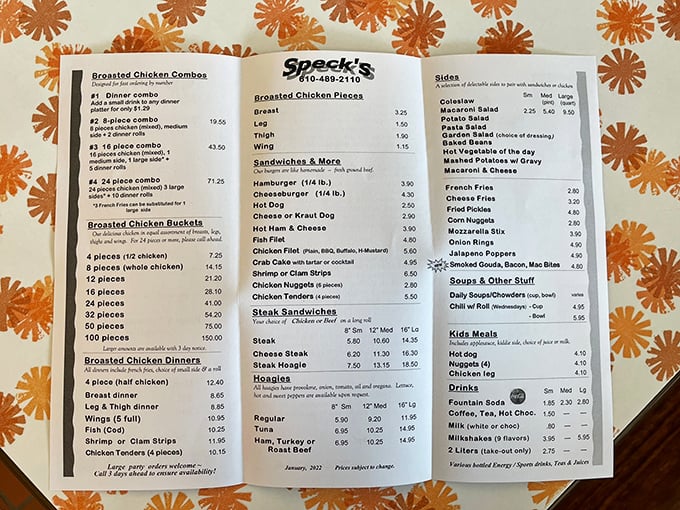The menu at Speck's reads like a love letter to American classics. Each item promises satisfaction without pretension.