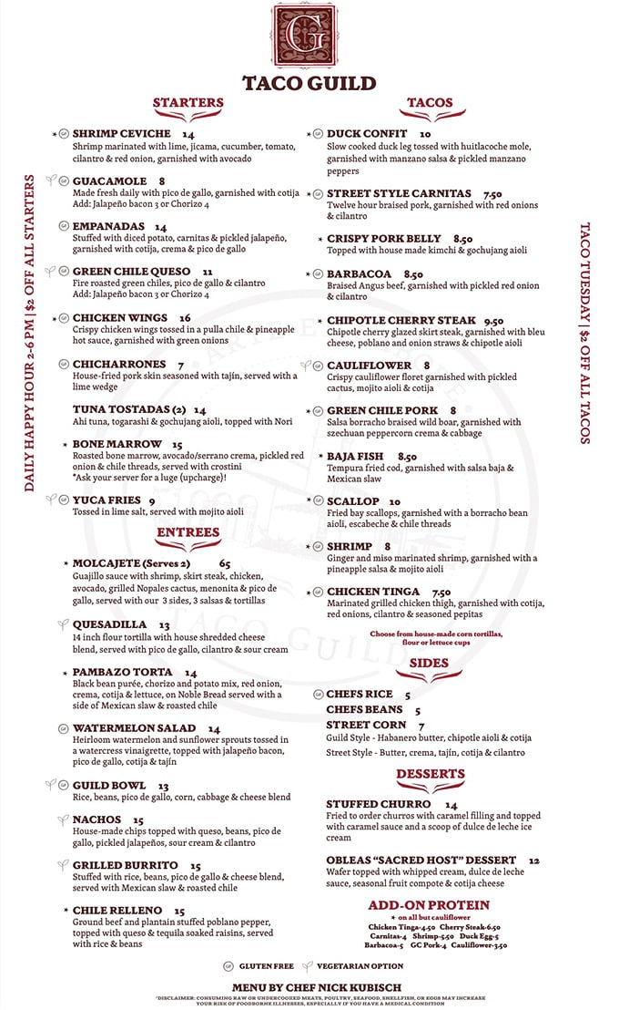 This menu isn't just a list—it's a roadmap to happiness. Duck confit tacos? Bone marrow? The Guild doesn't play by ordinary taqueria rules.