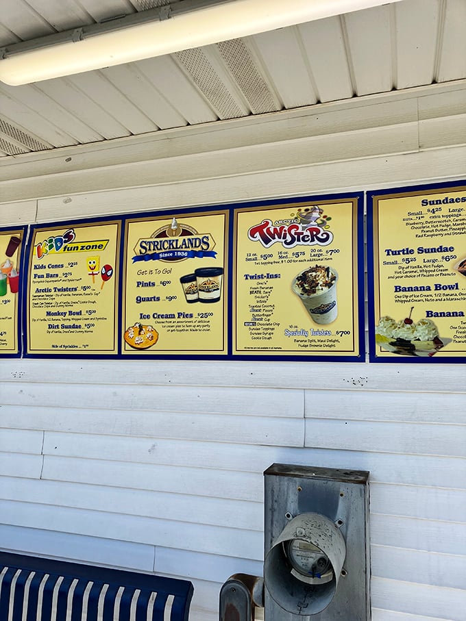 The menu board at Strickland's isn't just a list—it's a roadmap to frozen nirvana with options that'll make your inner child do backflips.