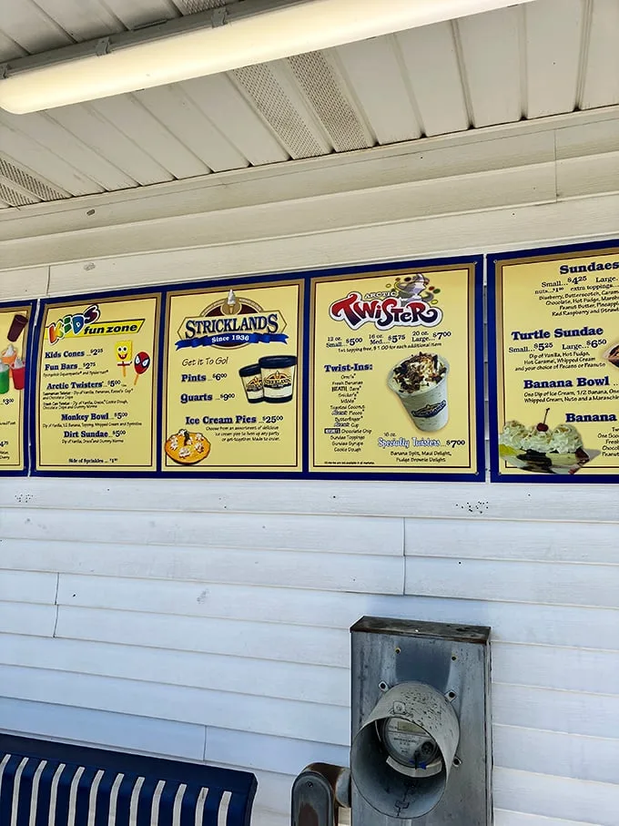 The menu board at Strickland's isn't just a list—it's a roadmap to frozen nirvana with options that'll make your inner child do backflips.