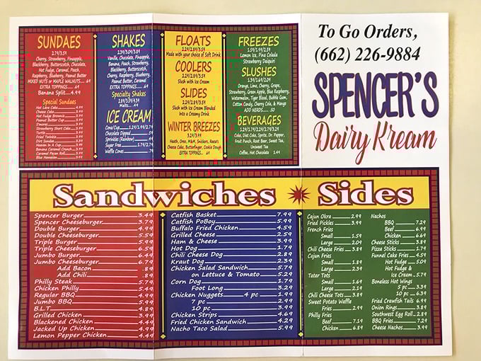 The menu board at Spencer's is like a roadmap to happiness—sundaes, shakes, and sandwiches that haven't changed because perfection needs no updating.