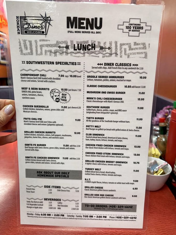 A menu that proudly announces "100 YEARS OF SERVICE" isn't just selling food—it's selling history with a side of southwestern flair.