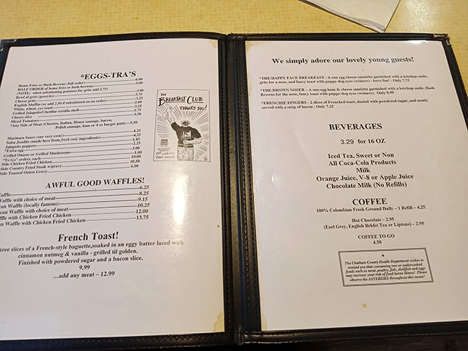 The menu reads like a love letter to breakfast enthusiasts. "AWFUL GOOD WAFFLES!" isn't false advertising—it's a promise they keep with every golden, crispy bite.