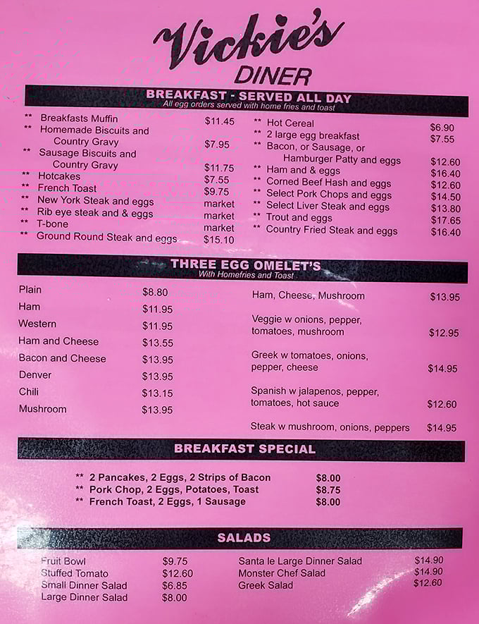 This pink menu isn't just a list – it's a roadmap to happiness with breakfast served all day, because time is a construct when pancakes are involved.