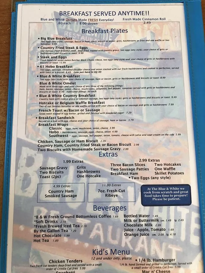 Breakfast served anytime—four words that should be enshrined in the Culinary Hall of Fame. The menu reads like a love letter to Southern morning traditions.