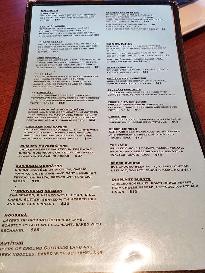 The menu reads like a love letter to Greek cuisine – from traditional gyros to Colorado lamb dishes that bridge Mediterranean traditions with Rocky Mountain ingredients.