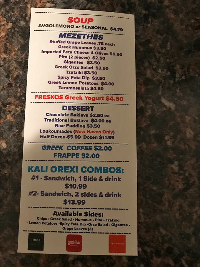 This unassuming menu is actually a treasure map to flavor country, with every Greek classic represented from avgolemono soup to chocolate baklava.