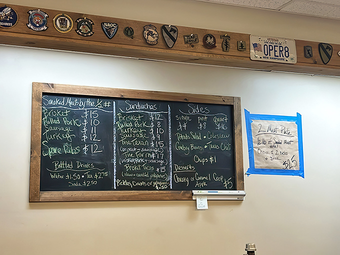 The chalkboard menu – barbecue's version of sacred text. Each handwritten item represents hours of smoking dedication and culinary craftsmanship.