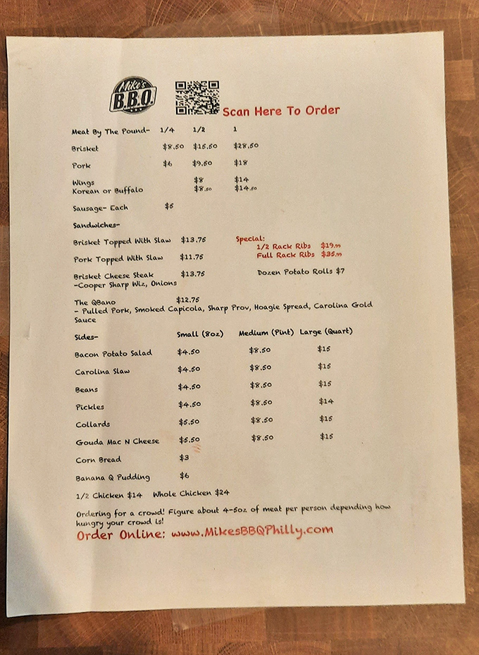 This menu isn't just a list – it's a roadmap to happiness. Notice how brisket claims the top spot? That's no accident, folks.