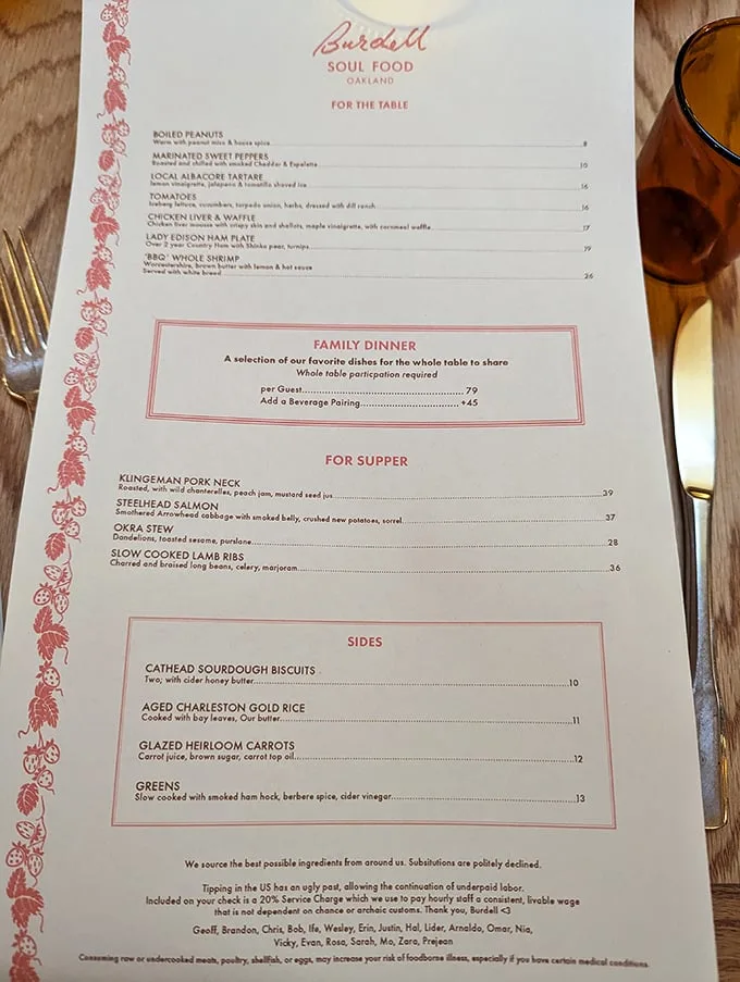 This menu reads like a love letter to Southern cuisine with a California accent. Each description promises a journey worth taking.