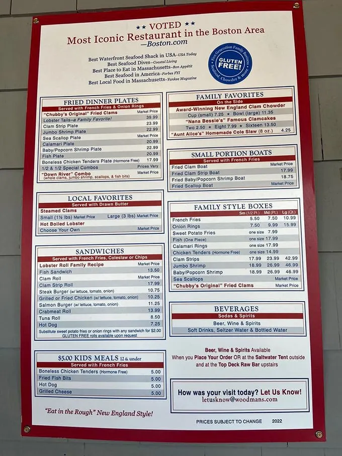 A menu that reads like a love letter to seafood. "Chubby's Original Fried Clams" isn't just a dish—it's a Massachusetts legacy.