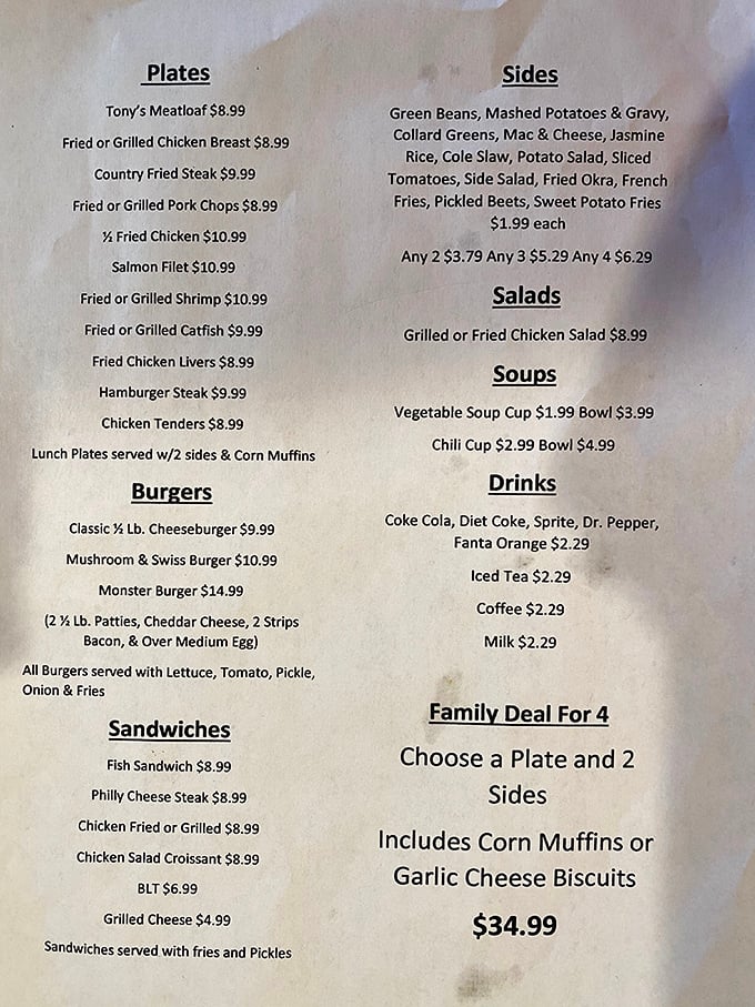 A menu that doesn't need fancy fonts or pretentious descriptions—just honest food at honest prices. The Monster Burger isn't kidding around.