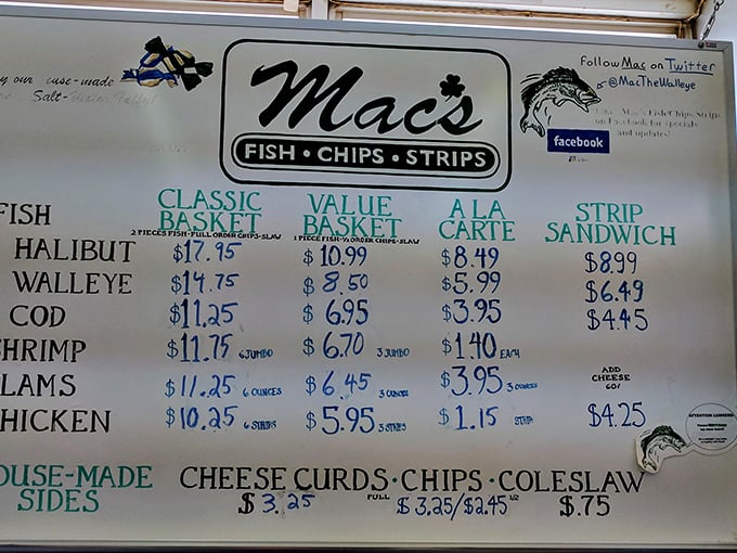 A menu board that reads like poetry to seafood lovers. Notice how "WALLEYE" gets top billing—we're definitely in Minnesota!