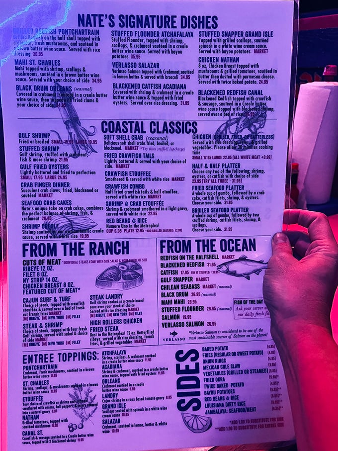 This menu isn't just a list—it's a treasure map. "Coastal Classics" and "From the Ocean" sections promise maritime delights worth navigating.