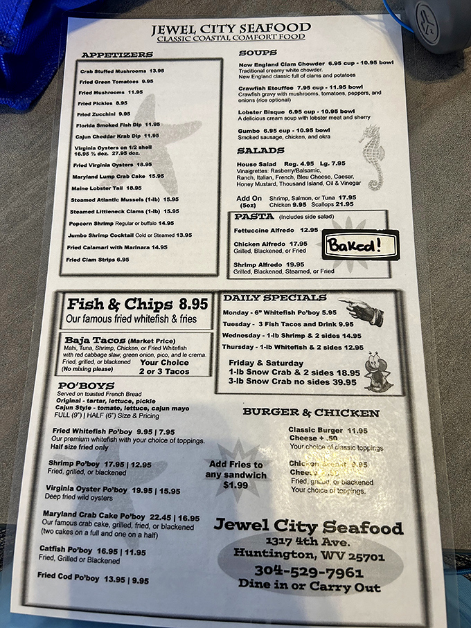 This menu isn't just a list of dishes—it's a maritime treasure map. X marks the spot where your taste buds strike gold.