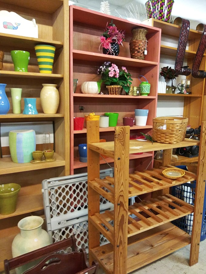 These shelves are like a colorful time capsule of American home décor – from mid-century modern to "what were they thinking?"