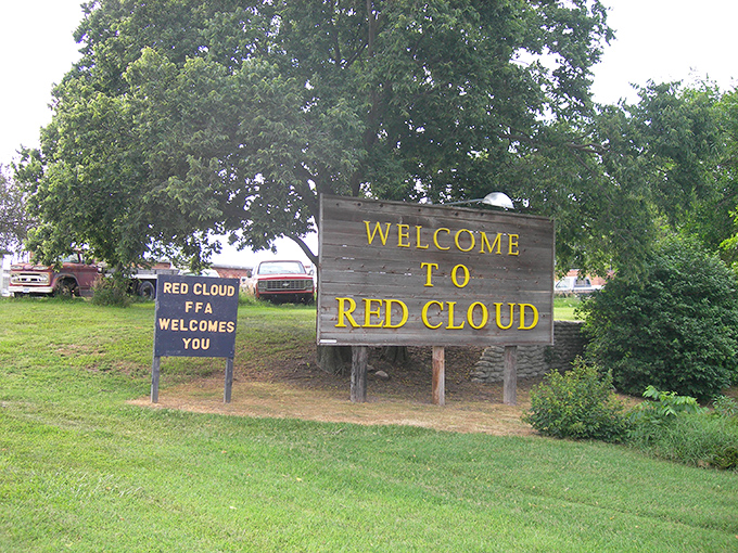 No flashy neon needed here. Red Cloud's welcome sign embodies the town's straightforward charm—honest, unpretentious, and genuinely welcoming.