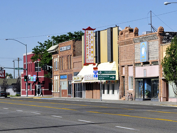Blackfoot's historic brick buildings stand proudly against blue Idaho skies – affordable small-town living with character to spare.
