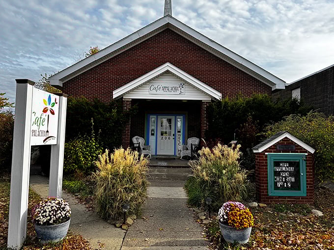 Cafe Appalachia: This former church now preaches the gospel of farm-fresh goodness, with mums standing guard like colorful sentinels of flavor.