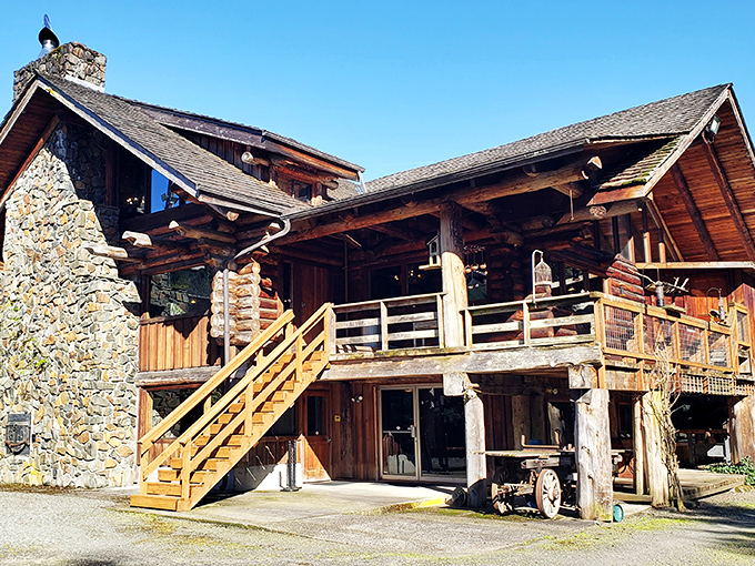 Camp 18's rustic timber lodge stands proud against the Oregon sky – Paul Bunyan would feel right at home.