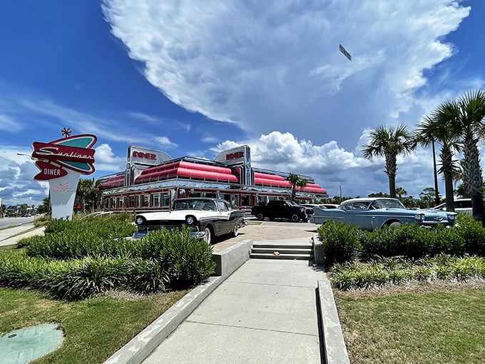 Sunliner Diner's retro exterior isn't just Instagram bait—it's a time machine that delivers you to an era when calories weren't invented yet.
