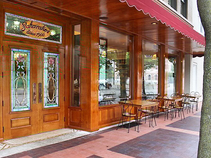 Zaharakos' gorgeous wood and stained glass entrance feels like stepping into an ice cream parlor time machine.