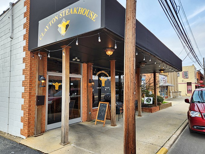 Small-town magic with big-city flavor! Those wooden posts don't just support the awning—they hold up a local steak tradition.