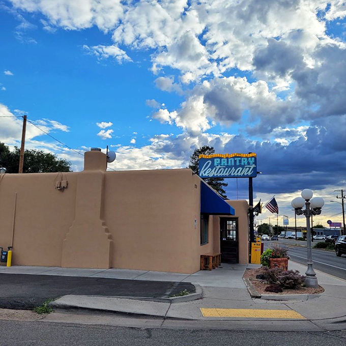 Blue skies and adobe walls – this unassuming building houses some of Santa Fe's most legendary green chile creations.