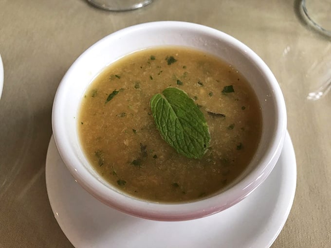 This isn't just soup—it's summer in a bowl. The fresh mint leaf floating atop tells you exactly what this kitchen values.