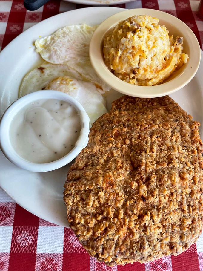 Country fried steak that's achieved the perfect crisp-to-tender ratio. That golden crust deserves its own hall of fame induction ceremony.