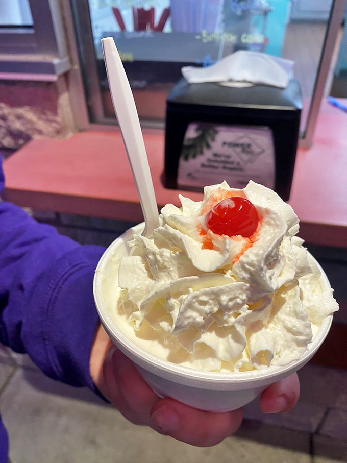 This isn't just whipped cream—it's a cloud-like throne for that maraschino cherry, royalty in the kingdom of sundaes.
