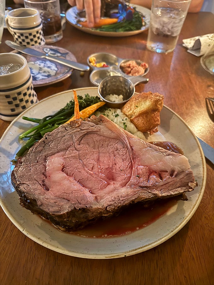The star of the show: Mrs. Vobe's Prime Rib, so perfectly rosy it would make even the most stoic founding father weep with carnivorous joy.