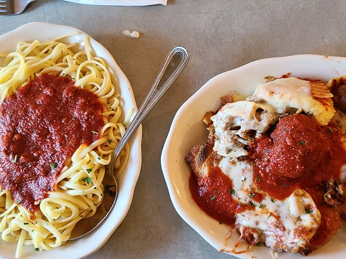 Simple perfection on a plate: spaghetti with marinara alongside chicken parmesan that would make any Italian grandmother nod in approval.