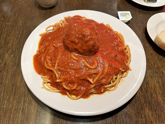 Spaghetti and meatballs as it should be: generous, unapologetic, and swimming in that rich red sauce that haunts your dreams in the best possible way.
