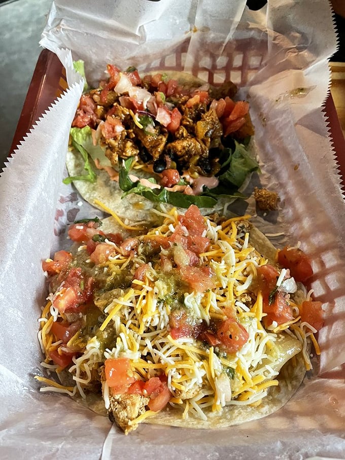 Taco perfection doesn't need fancy plating – just fresh ingredients, proper seasoning, and a basket that says "I'm about to change your day."