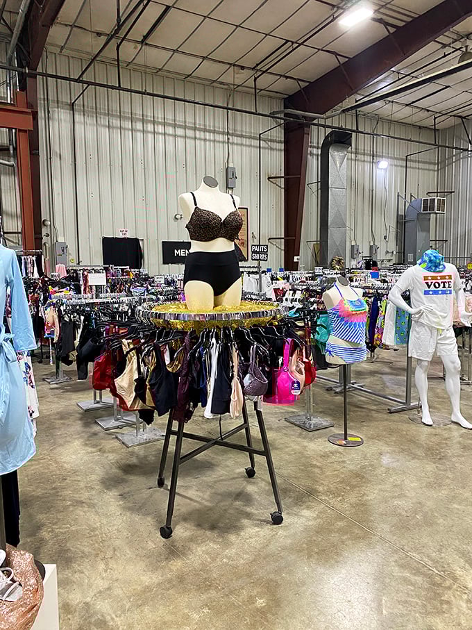 Retail archaeology at its finest. Who knew bargain hunting could include everything from intimate apparel to political statements all in one panoramic view?
